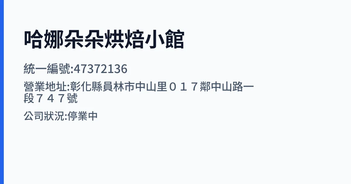 哈娜朵朵烘焙小館 - 統編 47372136(彰化縣) 公司登記資料與營業項目詳細圖表