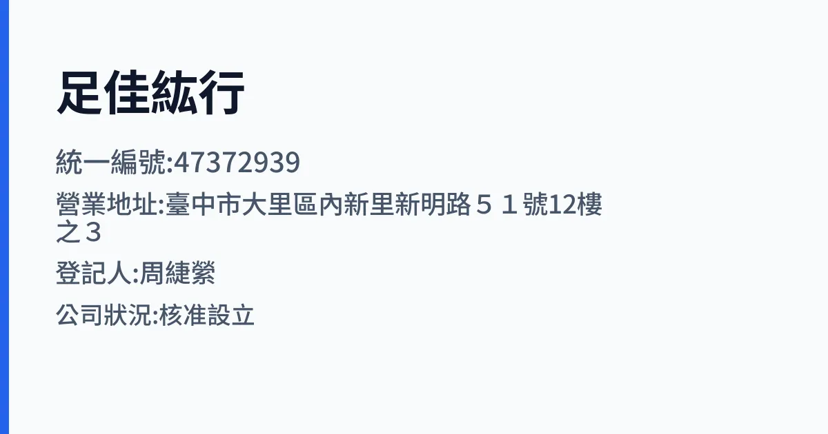 足佳紘行 - 統編 47372939(彰化縣) 公司登記資料與營業項目詳細圖表