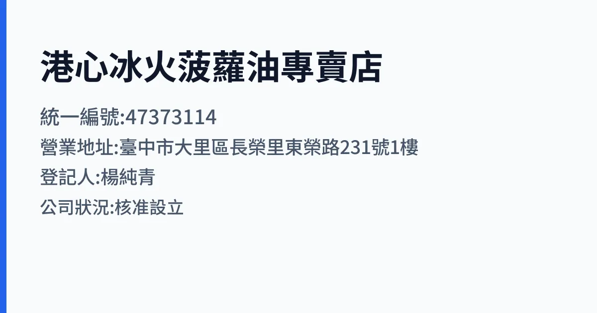 港心冰火菠蘿油專賣店 - 統編 47373114(臺中市) 公司登記資料與營業項目詳細圖表