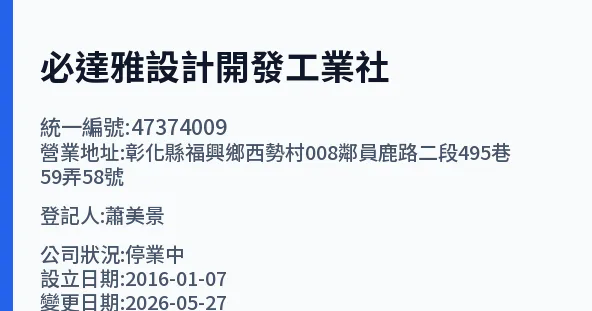 必達雅設計開發工業社的照片-統編 47374009(彰化縣) 公司登記資料與營業項目詳細圖表