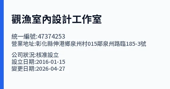觀漁室內設計工作室的照片-統編 47374253(彰化縣) 公司登記資料與營業項目詳細圖表