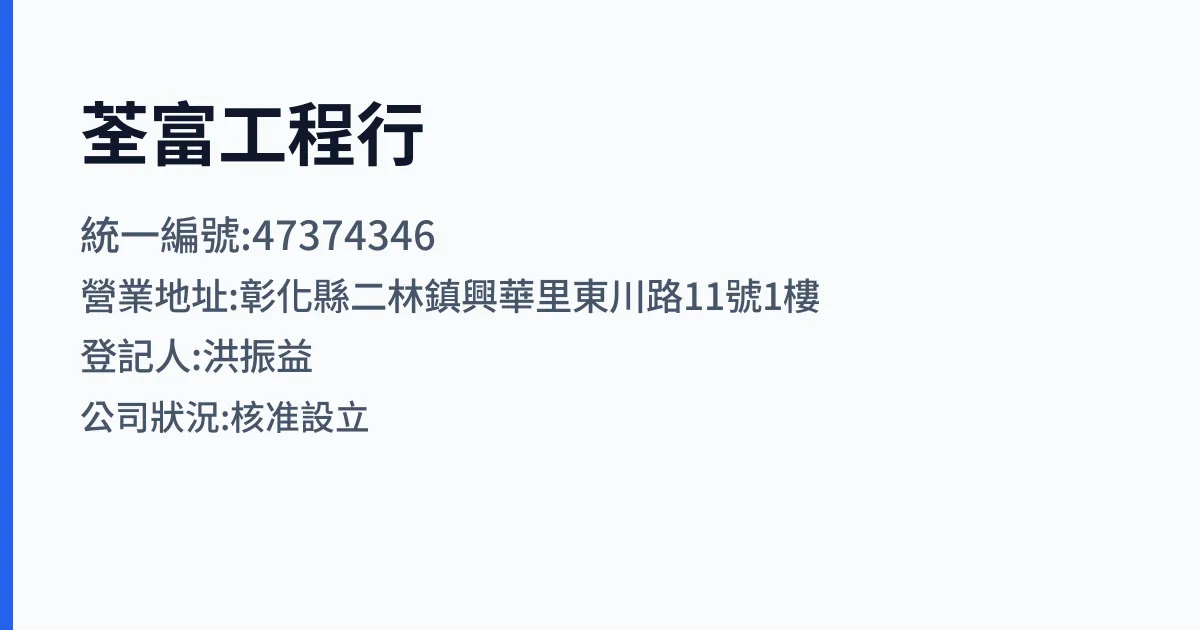 荃富工程行 - 統編 47374346(彰化縣) 公司登記資料與營業項目詳細圖表