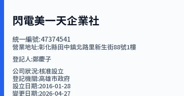 閃電美一天企業社的照片-統編 47374541(彰化縣) 公司登記資料與營業項目詳細圖表