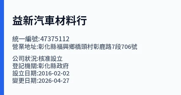 益新汽車材料行的照片-統編 47375112(彰化縣) 公司登記資料與營業項目詳細圖表