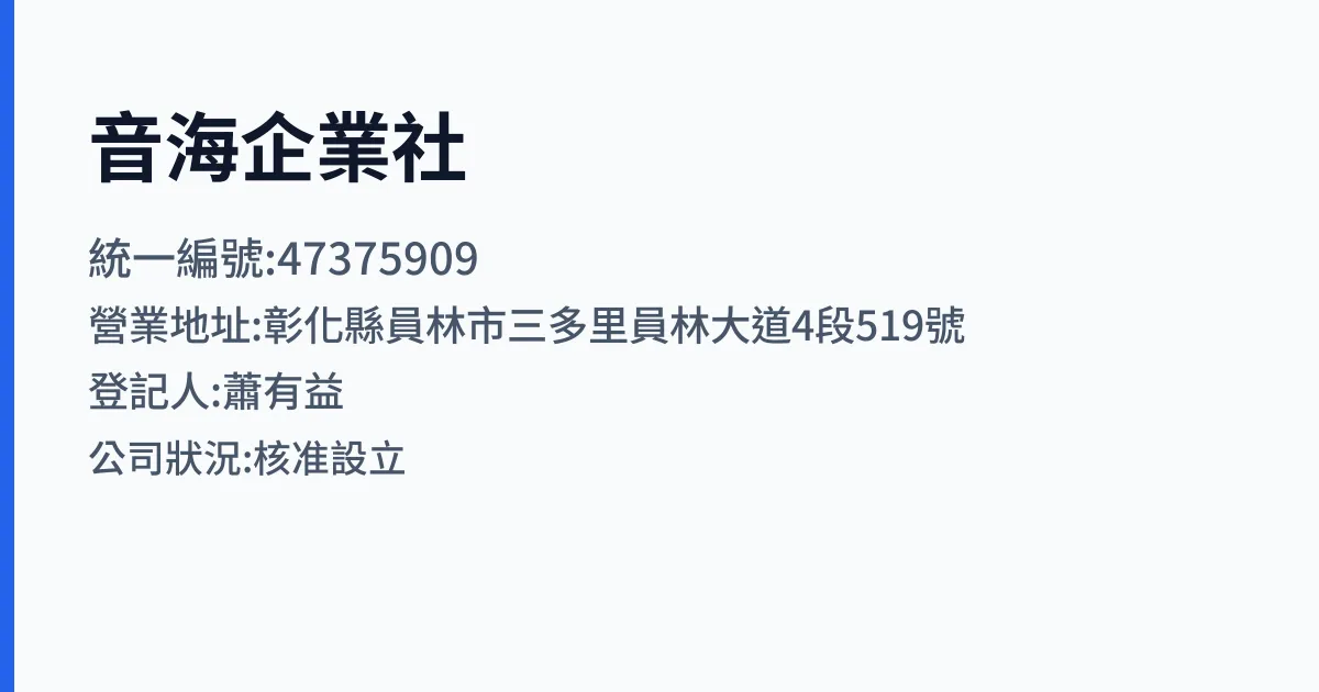 音海企業社 - 統編 47375909(彰化縣) 公司登記資料與營業項目詳細圖表