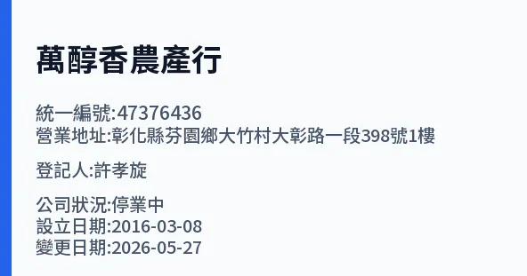 萬醇香農產行的照片-統編 47376436(彰化縣) 公司登記資料與營業項目詳細圖表