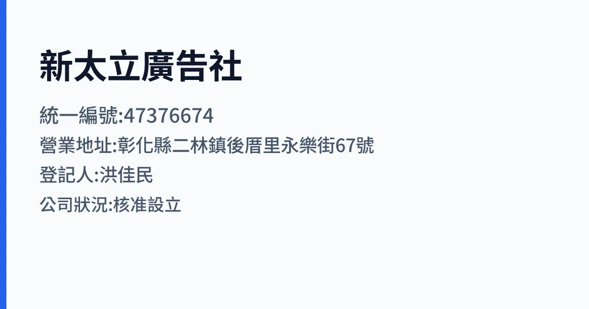 新太立廣告社 - 統編 47376674(彰化縣) 公司登記資料與營業項目詳細圖表