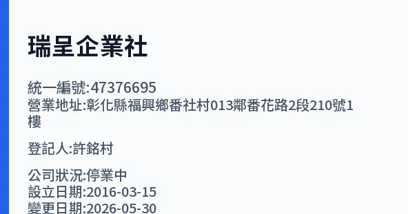 瑞呈企業社的照片-統編 47376695(彰化縣) 公司登記資料與營業項目詳細圖表