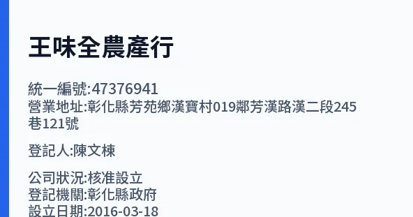 王味全農產行的照片-統編 47376941(彰化縣) 公司登記資料與營業項目詳細圖表