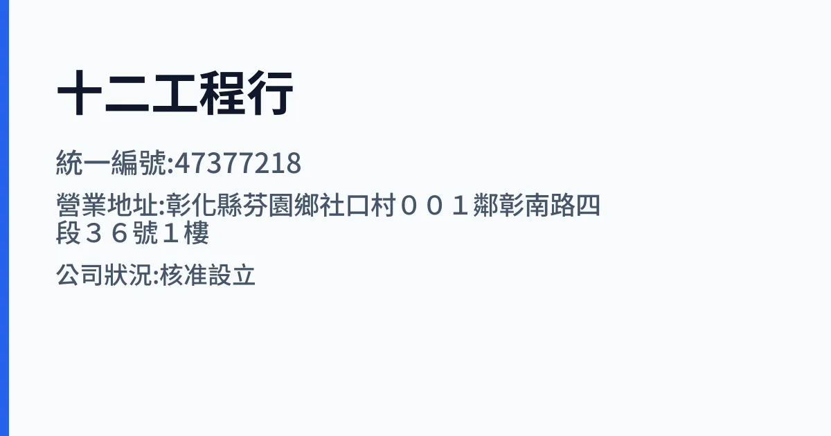 十二工程行 - 統編 47377218(彰化縣) 公司登記資料與營業項目詳細圖表