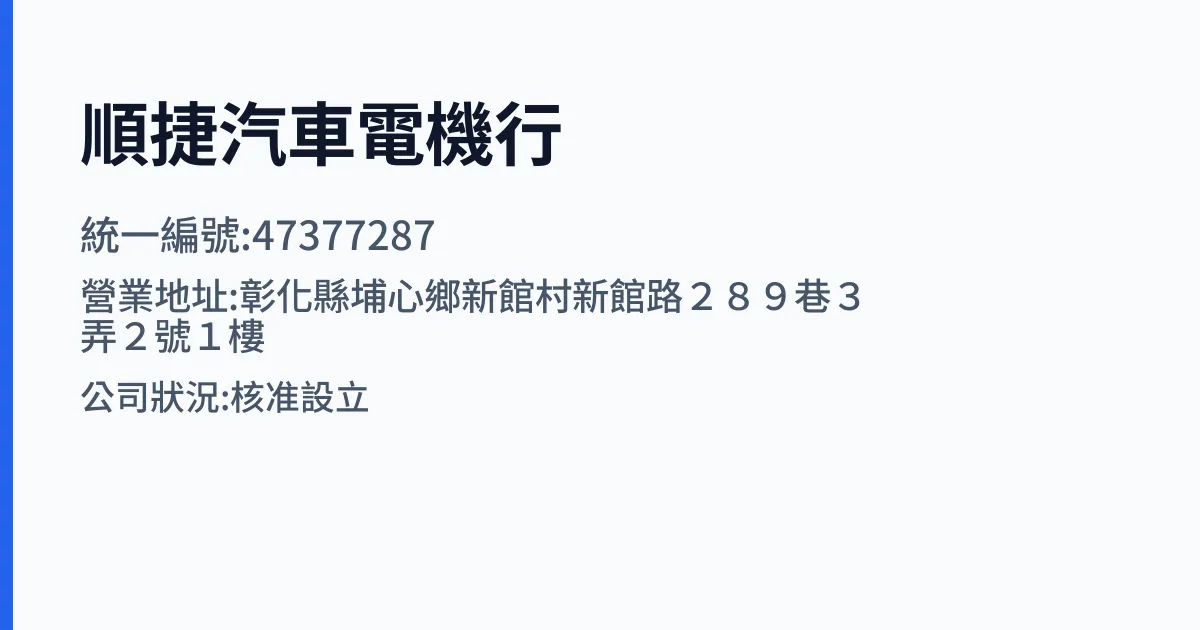 順捷汽車電機行 - 統編 47377287(彰化縣) 公司登記資料與營業項目詳細圖表