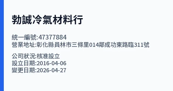 勃誠冷氣材料行的照片-統編 47377884(彰化縣) 公司登記資料與營業項目詳細圖表