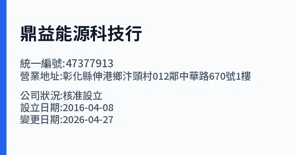 鼎益能源科技行的照片-統編 47377913(彰化縣) 公司登記資料與營業項目詳細圖表