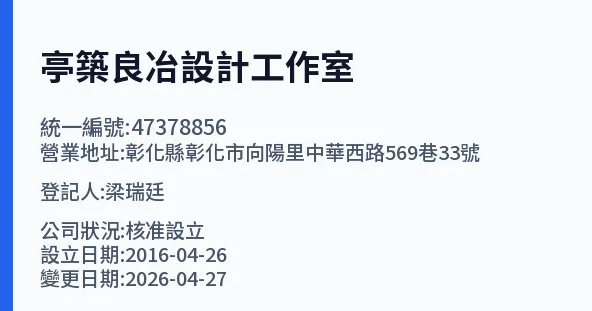 亭築良冶設計工作室的照片-統編 47378856(彰化縣) 公司登記資料與營業項目詳細圖表