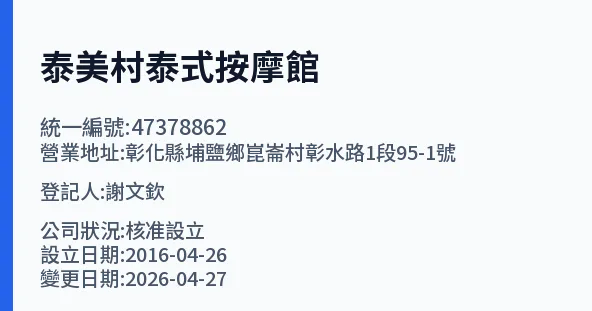 泰美村泰式按摩館的照片-統編 47378862(彰化縣) 公司登記資料與營業項目詳細圖表