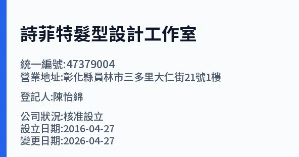 詩菲特髮型設計工作室的照片-統編 47379004(彰化縣) 公司登記資料與營業項目詳細圖表