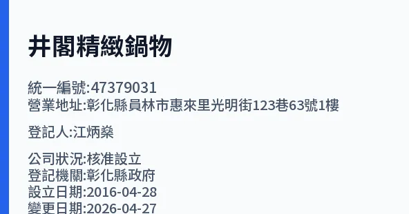 井閣精緻鍋物的照片-統編 47379031(彰化縣) 公司登記資料與營業項目詳細圖表