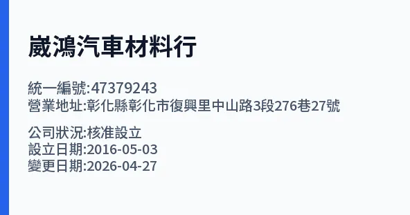 崴鴻汽車材料行的照片-統編 47379243(彰化縣) 公司登記資料與營業項目詳細圖表