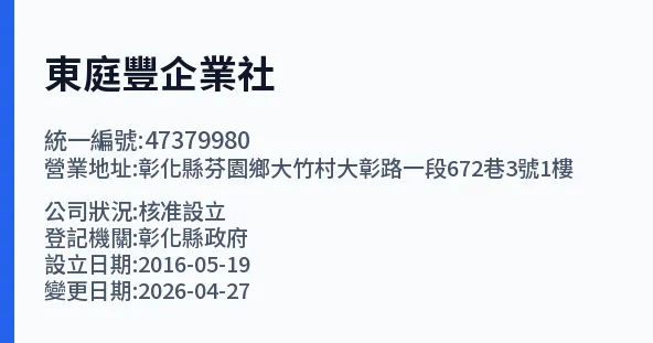 東庭豐企業社的照片-統編 47379980(彰化縣) 公司登記資料與營業項目詳細圖表