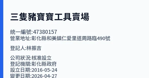 三隻豬寶寶工具賣場的照片-統編 47380157(彰化縣) 公司登記資料與營業項目詳細圖表