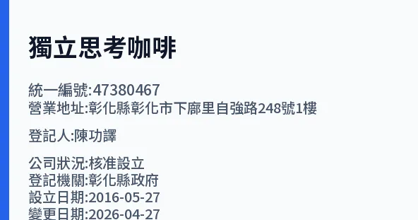 獨立思考咖啡的照片-統編 47380467(彰化縣) 公司登記資料與營業項目詳細圖表