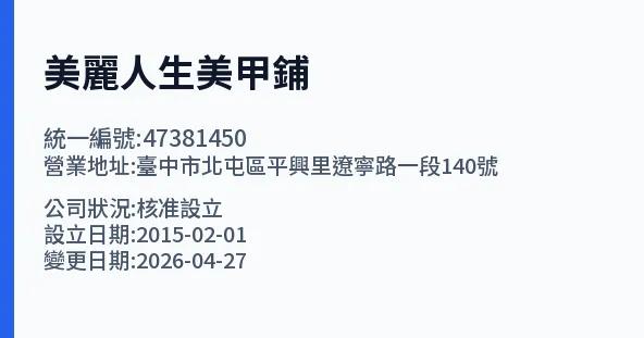 美麗人生美甲鋪的照片-統編 47381450(臺中市) 公司登記資料與營業項目詳細圖表