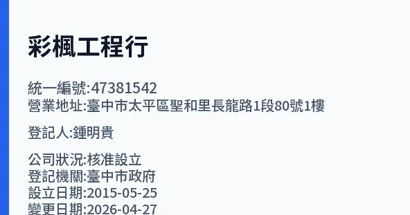 彩楓工程行的照片-統編 47381542(臺中市) 公司登記資料與營業項目詳細圖表