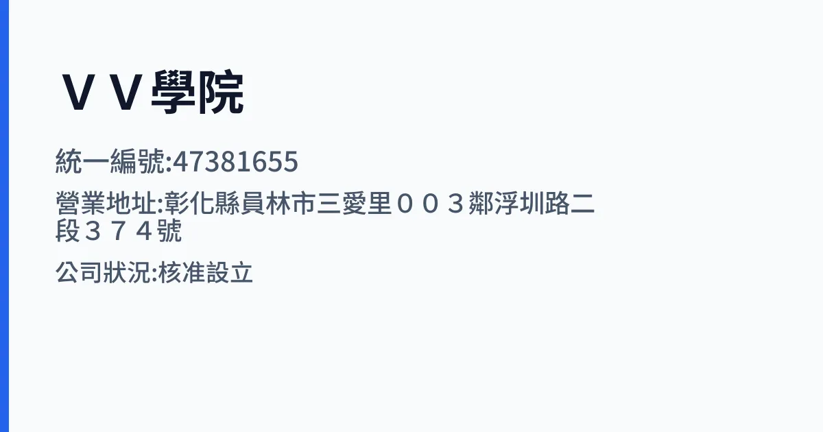 ＶＶ學院 - 統編 47381655(彰化縣) 公司登記資料與營業項目詳細圖表