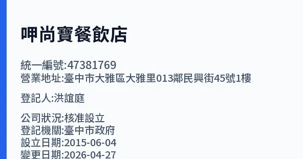 呷尚寶餐飲店的照片-統編 47381769(臺中市) 公司登記資料與營業項目詳細圖表