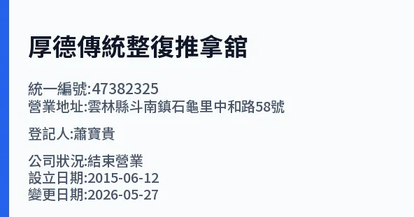 厚德傳統整復推拿舘的照片-統編 47382325(雲林縣) 公司登記資料與營業項目詳細圖表