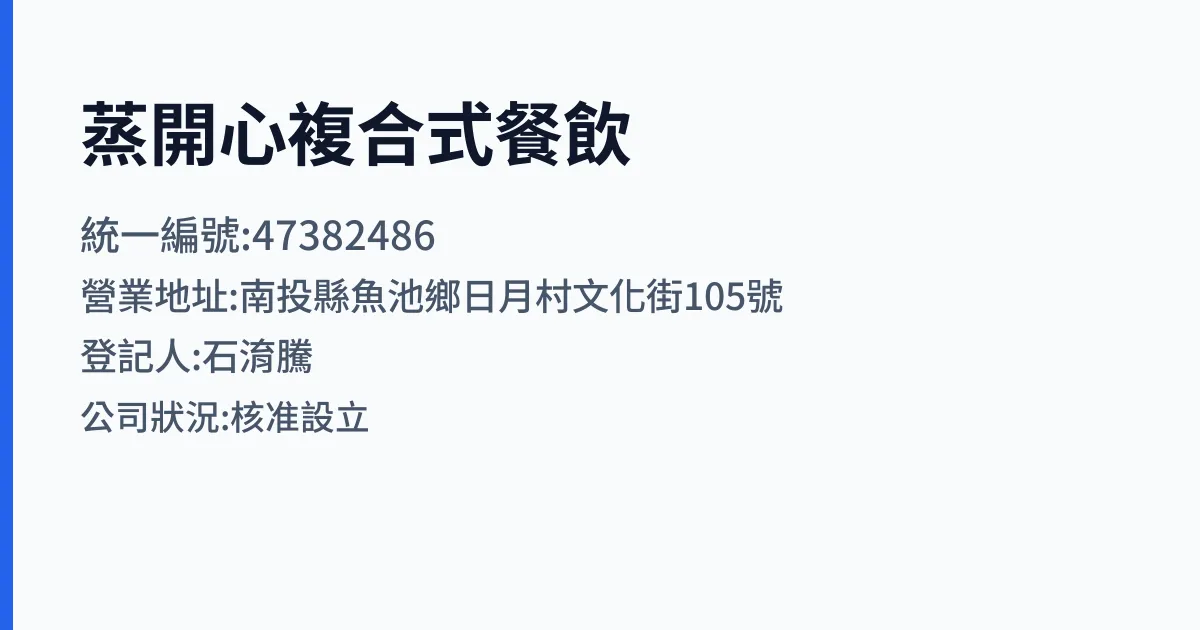 蒸開心複合式餐飲 - 統編 47382486(南投縣) 公司登記資料與營業項目詳細圖表