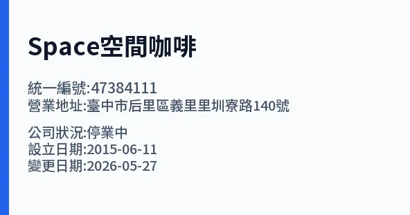 Space空間咖啡的照片-統編 47384111(臺中市) 公司登記資料與營業項目詳細圖表