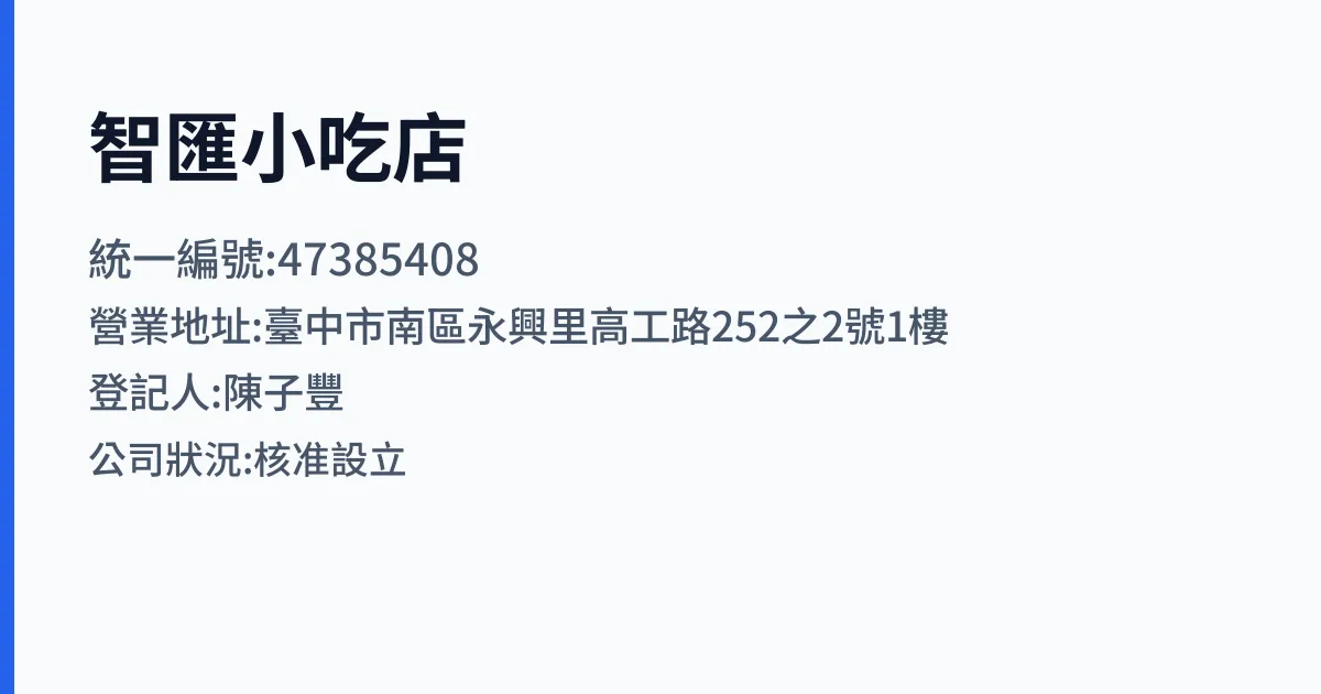 智匯小吃店 - 統編 47385408(臺中市) 公司登記資料與營業項目詳細圖表