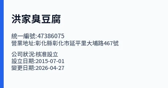 洪家臭豆腐的照片-統編 47386075(彰化縣) 公司登記資料與營業項目詳細圖表