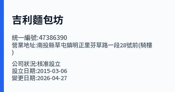 吉利麵包坊的照片-統編 47386390(南投縣) 公司登記資料與營業項目詳細圖表