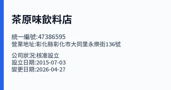 茶原味飲料店的照片-統編 47386595(彰化縣) 公司登記資料與營業項目詳細圖表
