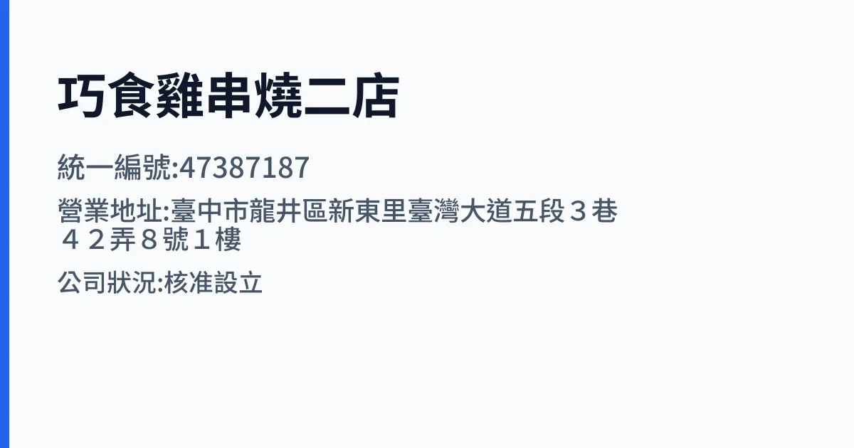 巧食雞串燒二店 - 統編 47387187(臺中市) 公司登記資料與營業項目詳細圖表