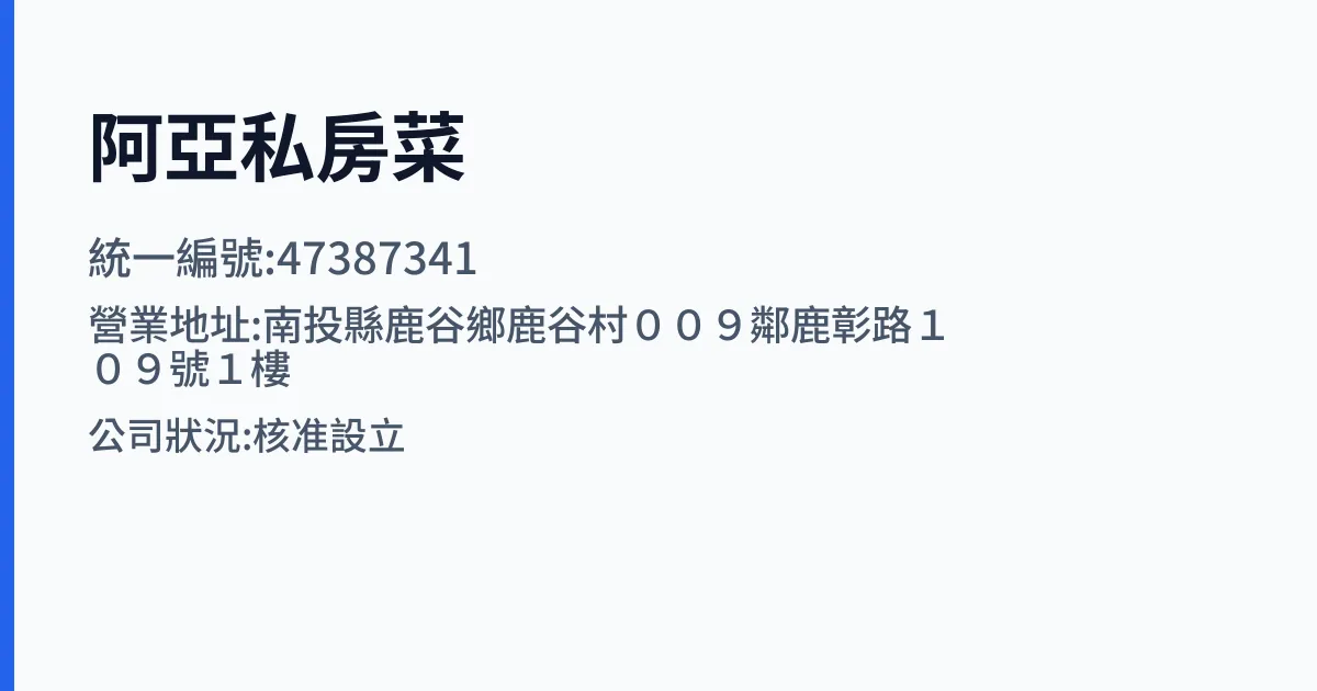 阿亞私房菜 - 統編 47387341(南投縣) 公司登記資料與營業項目詳細圖表