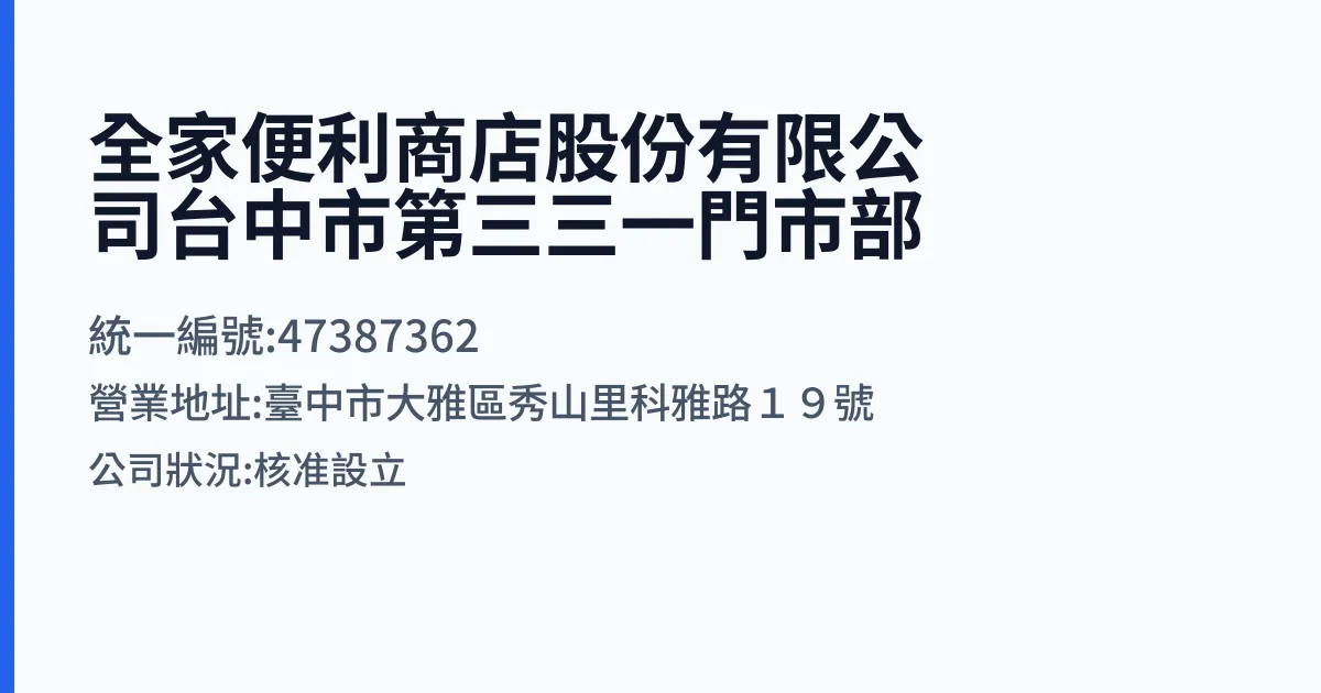 全家便利商店股份有限公司台中市第三三一門市部 - 統編 47387362(臺中市) 公司登記資料與營業項目詳細圖表