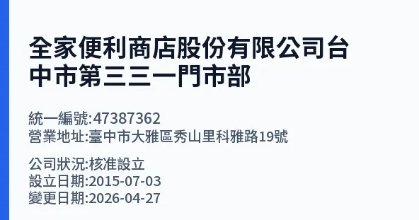 全家便利商店股份有限公司台中市第三三一門市部的照片-統編 47387362(臺中市) 公司登記資料與營業項目詳細圖表