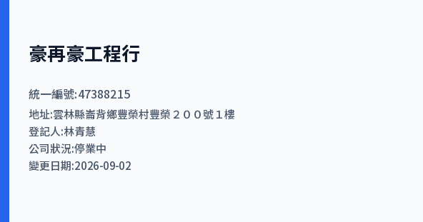 豪再豪工程行的照片-統編 47388215(雲林縣) 公司登記資料與營業項目詳細圖表