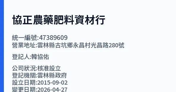 協正農藥肥料資材行的照片-統編 47389609(雲林縣) 公司登記資料與營業項目詳細圖表