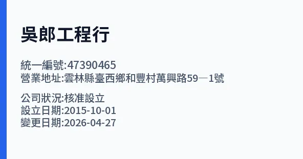 吳郎工程行的照片-統編 47390465(雲林縣) 公司登記資料與營業項目詳細圖表