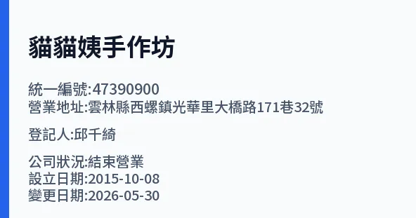 貓貓姨手作坊的照片-統編 47390900(雲林縣) 公司登記資料與營業項目詳細圖表