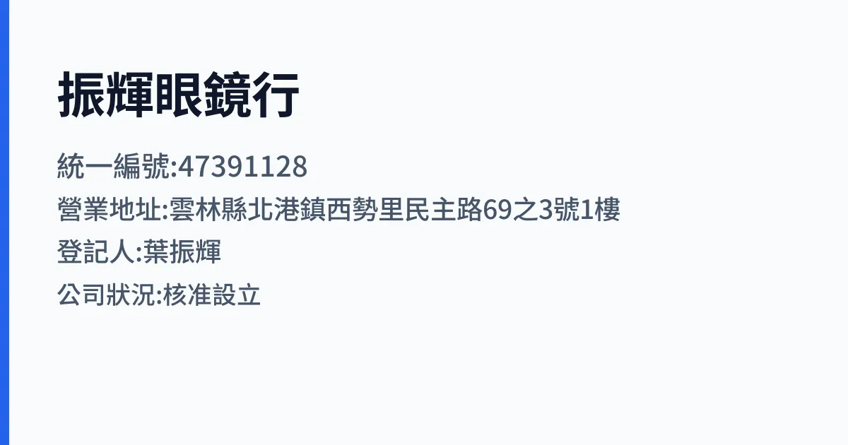 振輝眼鏡行 - 統編 47391128(雲林縣) 公司登記資料與營業項目詳細圖表