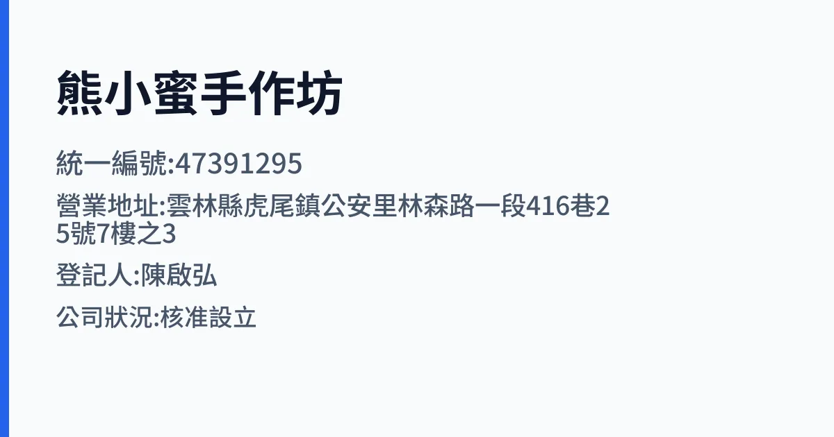 熊小蜜手作坊 - 統編 47391295(雲林縣) 公司登記資料與營業項目詳細圖表