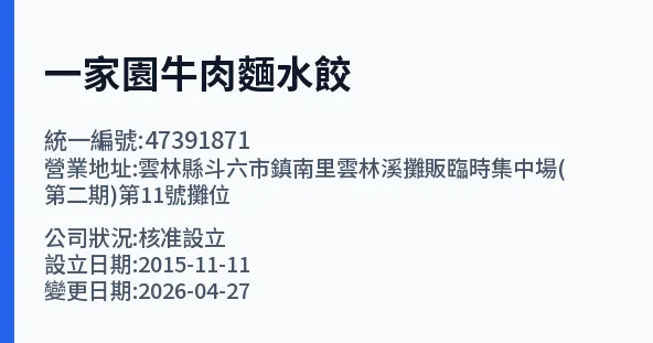一家園牛肉麵水餃的照片-統編 47391871(雲林縣) 公司登記資料與營業項目詳細圖表