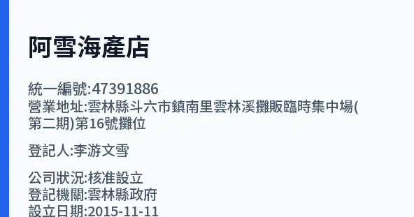 阿雪海產店的照片-統編 47391886(雲林縣) 公司登記資料與營業項目詳細圖表