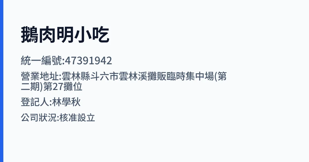 鵝肉明小吃 - 統編 47391942(雲林縣) 公司登記資料與營業項目詳細圖表