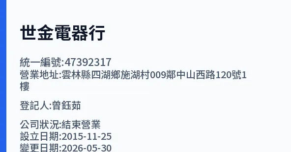 世金電器行的照片-統編 47392317(雲林縣) 公司登記資料與營業項目詳細圖表